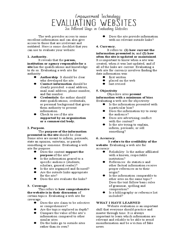 Evaluating Sites Summ | PDF | Cognition | Human Communication