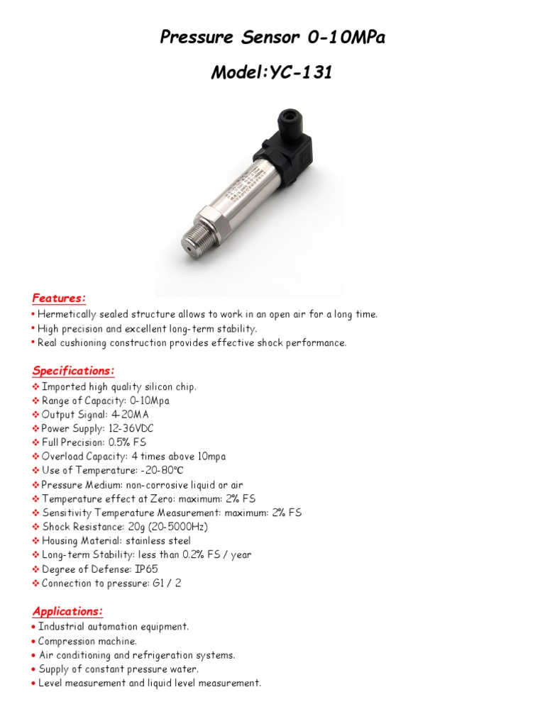 Pressure Sensor 0-10mpa Model:Yc-131: Features | PDF | Home & Garden | Computers
