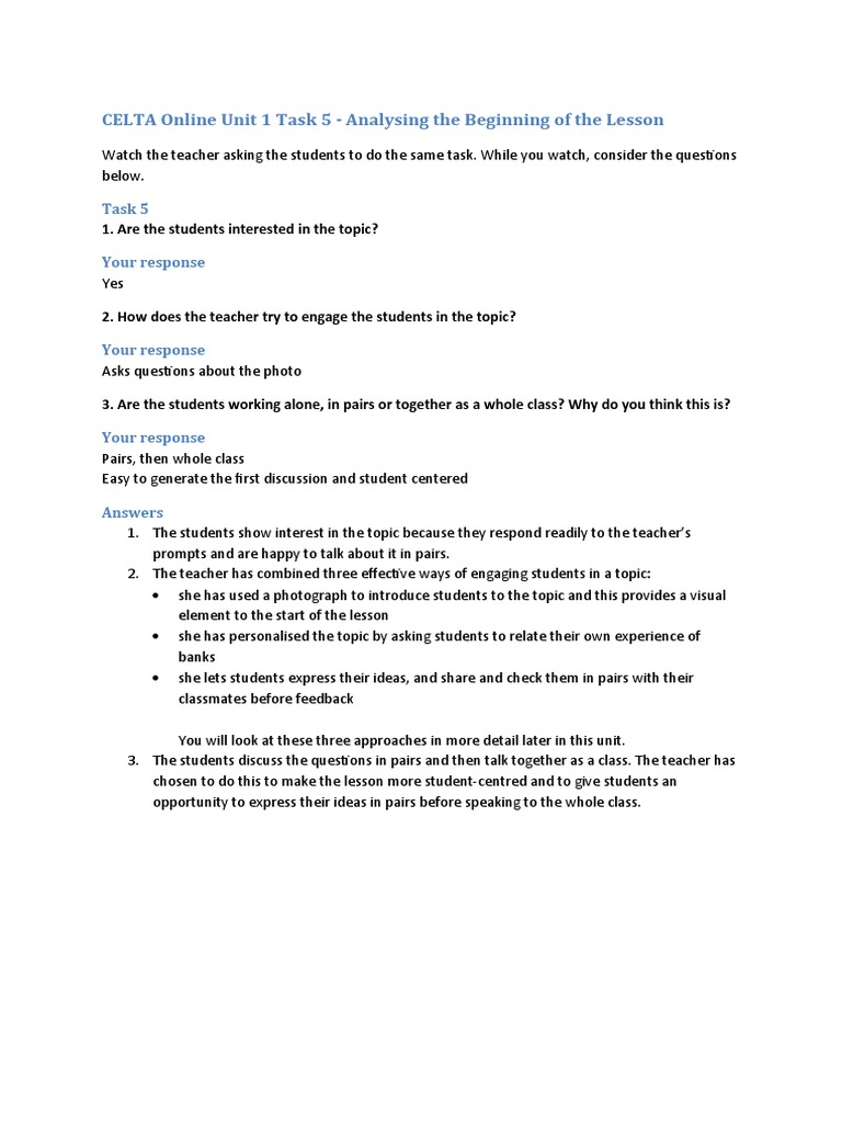 CELTA Online Unit 1 Task 5 - Analysing The Beginning of The Lesson | PDF