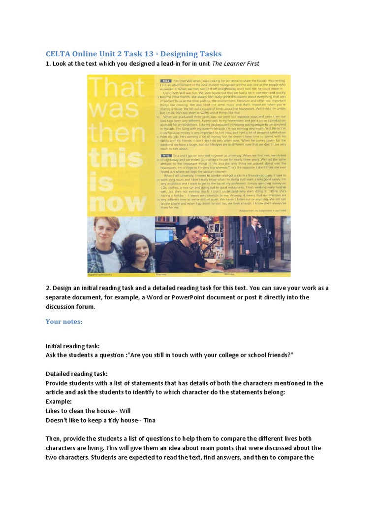 CELTA Online Unit 2 Task 13 - Designing Tasks | PDF
