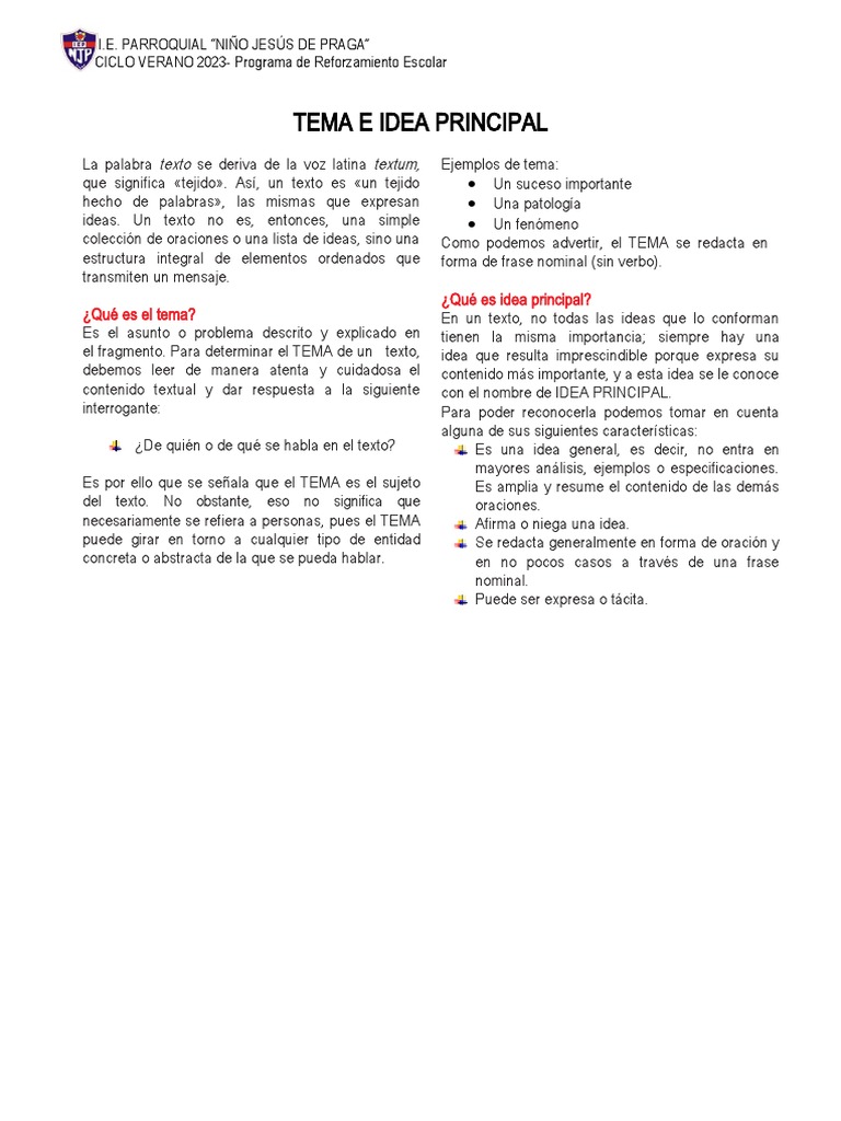 El Tema y La Idea Principal para Cuarto Grado de Secundaria | PDF ...