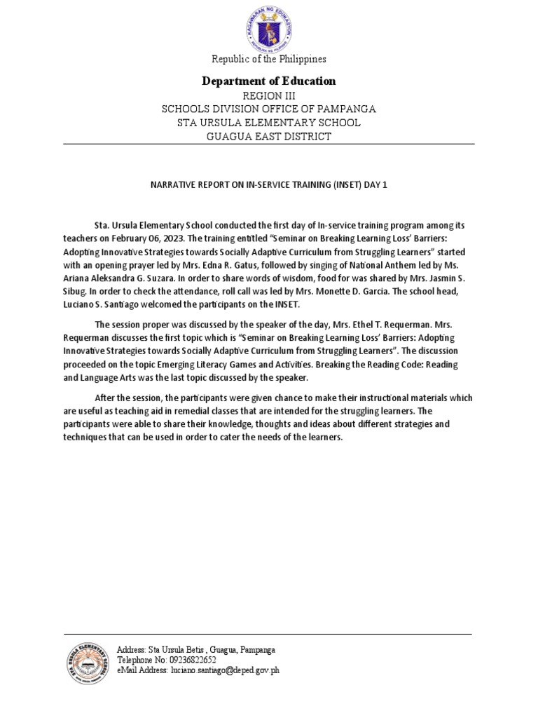 Ethel Requerman INSET Narrative Report | PDF | Linguistics | Teaching