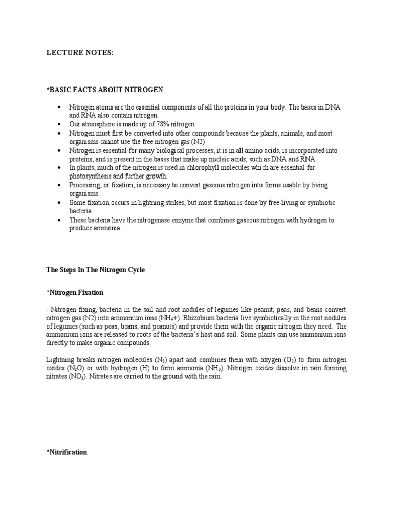 Nitrogen Cycle - Lecture Notes | PDF | Nitrogen | Chemical Elements
