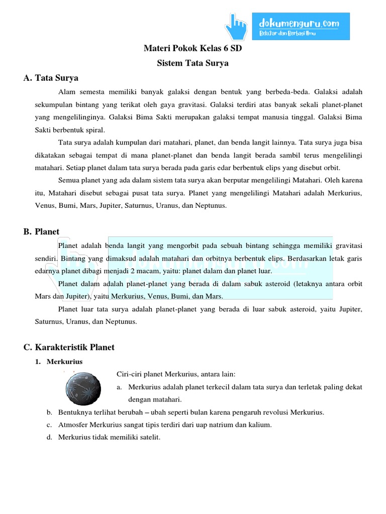 Rangkuman Materi Sistem Tata Surya Kelas 6 SD (PDF) | PDF