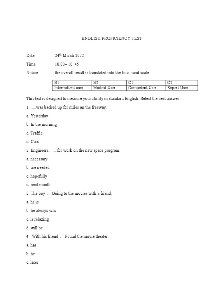 Pre-Test - English Proficiency Test | PDF | Carbon | Chemistry