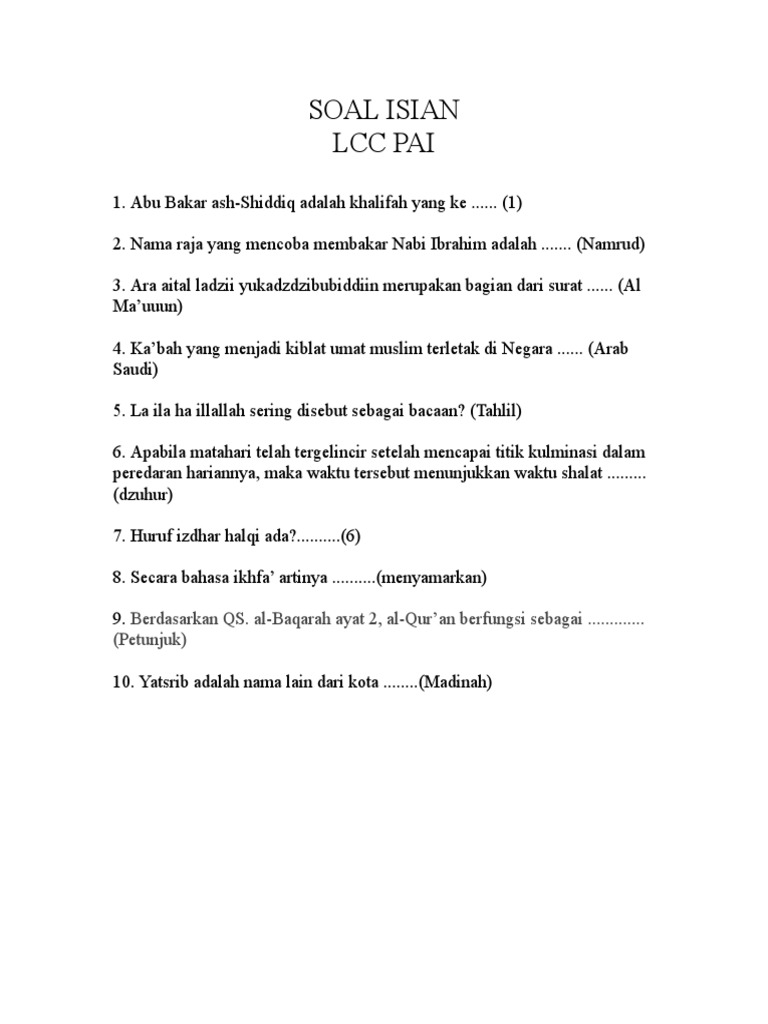 Soal Isian LCC Pai | PDF