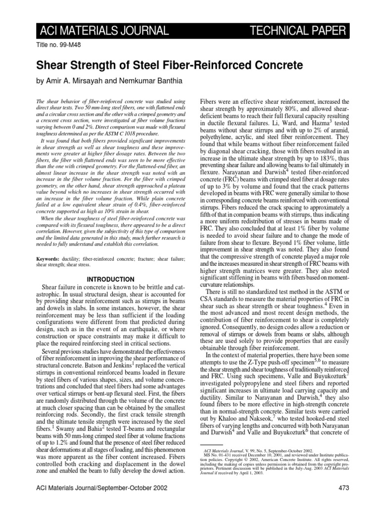 Shear Strength of Steel Fiber-Reinforced Concrete - 2002 | PDF ...
