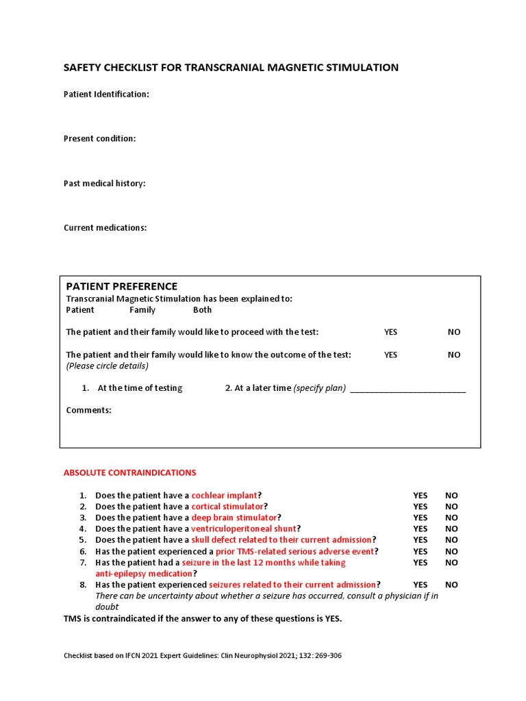 TMS Safety Checklist | PDF | Epilepsy | Neurosurgery