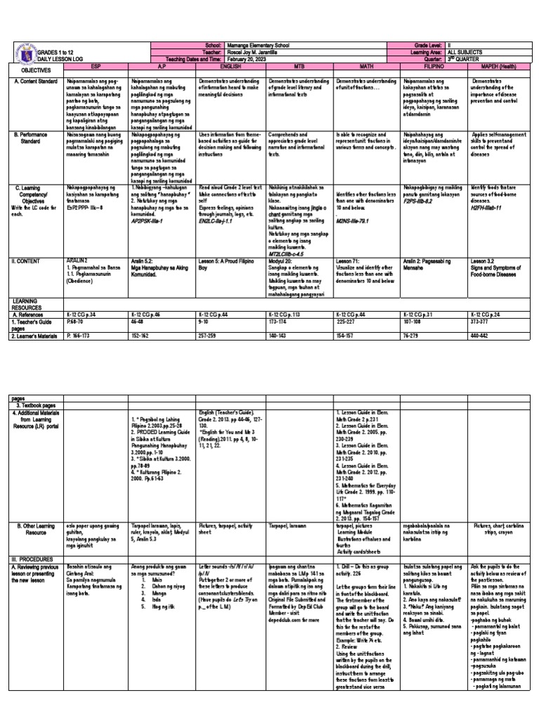 DLL - All Subjects 2 - Q3 - W2 - D1 | PDF