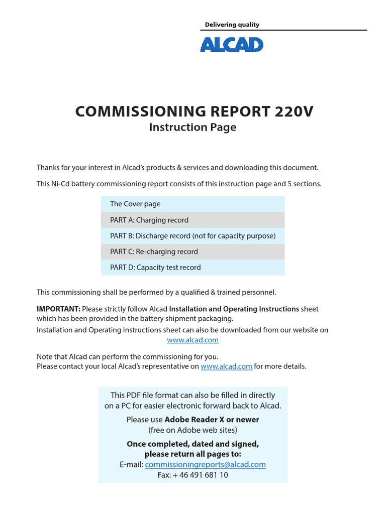 Alcad Ni-Cd Battery Commissioning Report | PDF | Rechargeable Battery ...