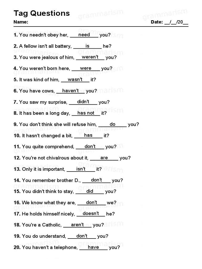 Tag Questions Practice Worksheet | PDF