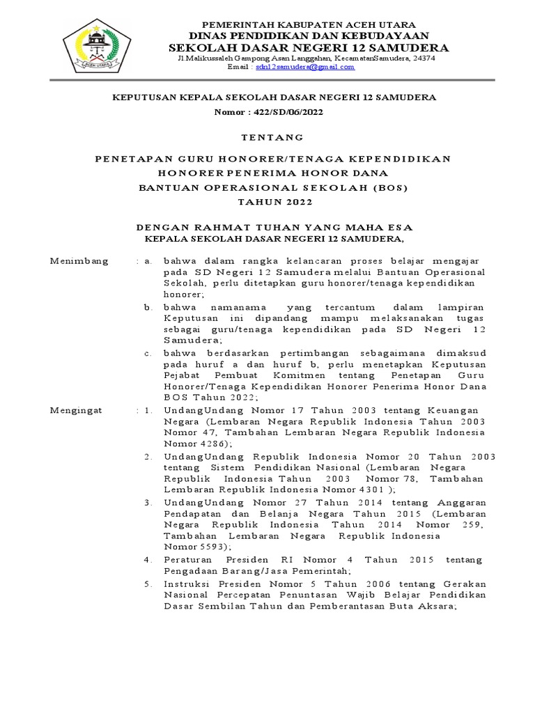 SK Pemberian Honor Bos Guru Non Asn | PDF