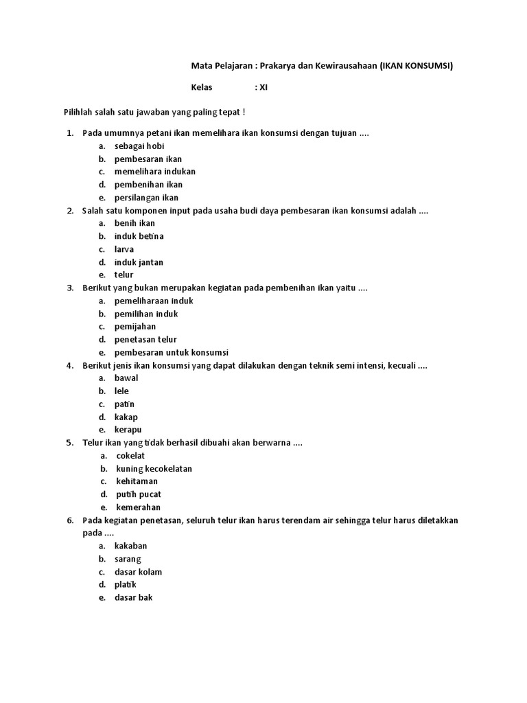 Soal-Soal Pkwu Xi Semester 1 Budidaya Ikan Konsumsi | PDF