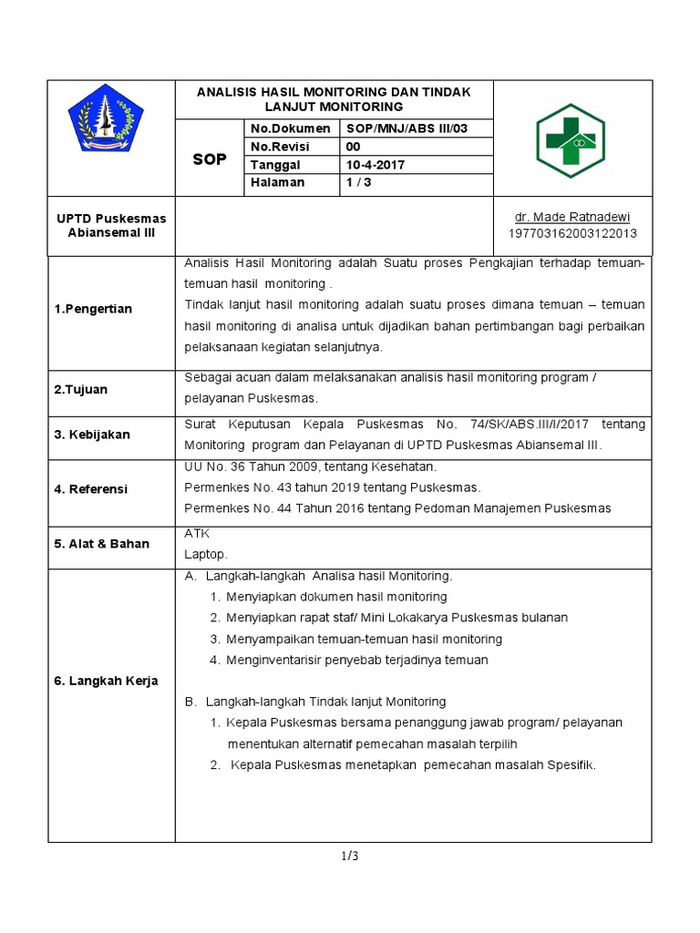 1.1.5 Ep 3 Sop Analisis Hasil Monitoring Dan Tindak Lanjut Monitoring | PDF 1.1.5 Ep 3 Sop Analisis Hasil Monitoring Dan Tindak Lanjut Monitoring | PDF
