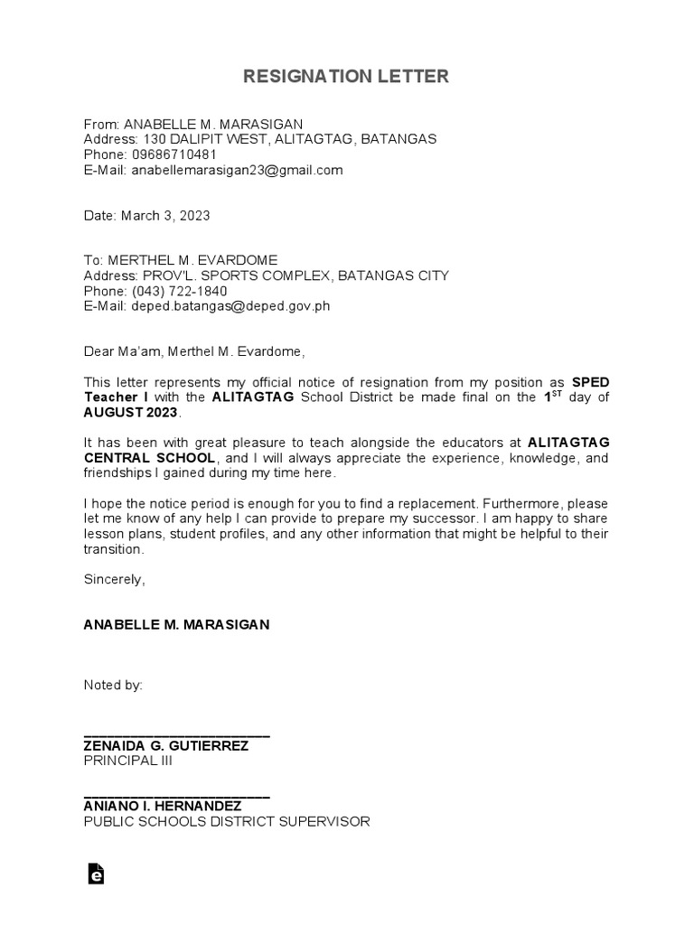 Teacher Resignation Letter | PDF