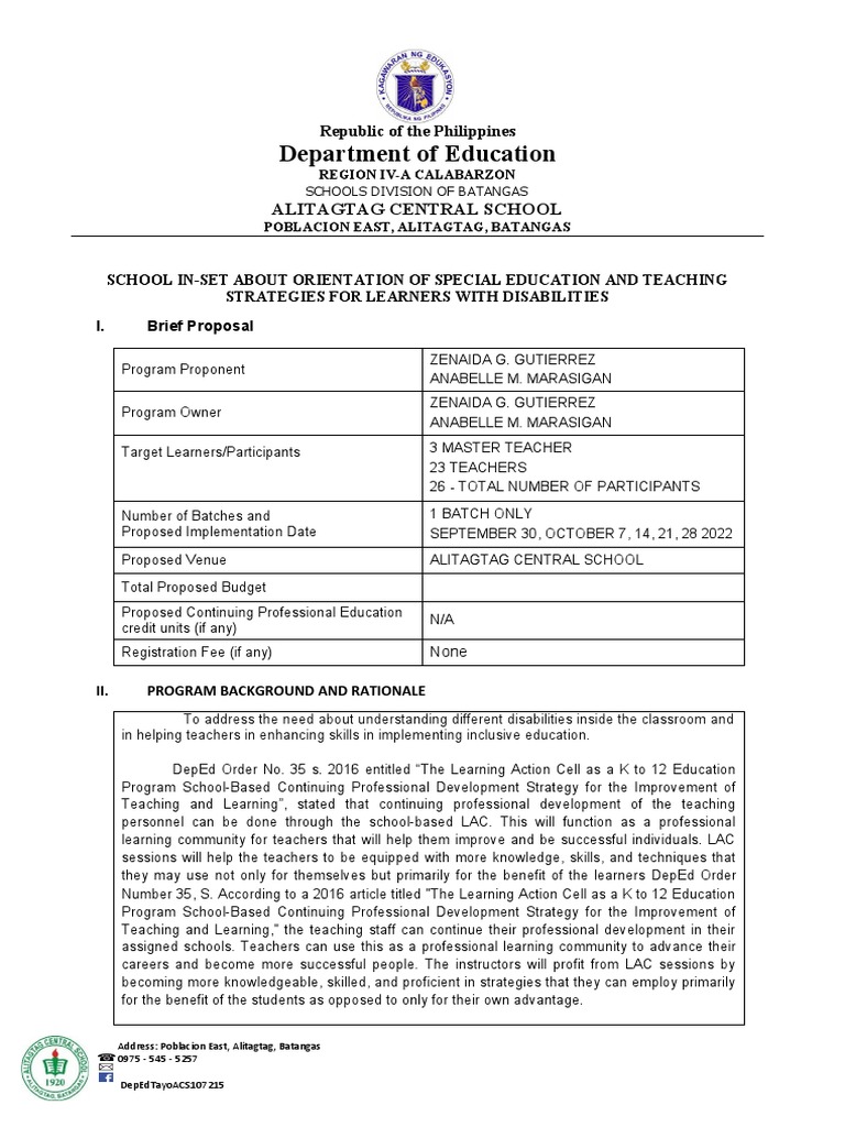ACS INSET SEPT 2022 Proposal SPED | PDF | Inclusion (Education) | Teachers