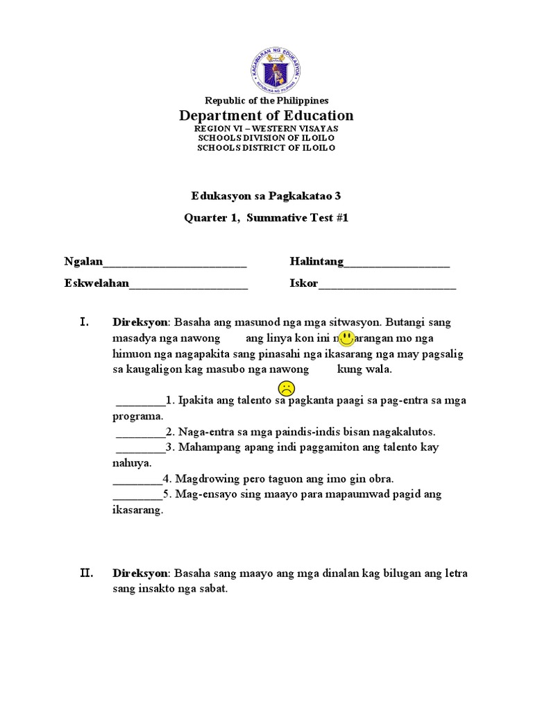Grade 3 Summative Test No. 1 in Esp 3 | PDF