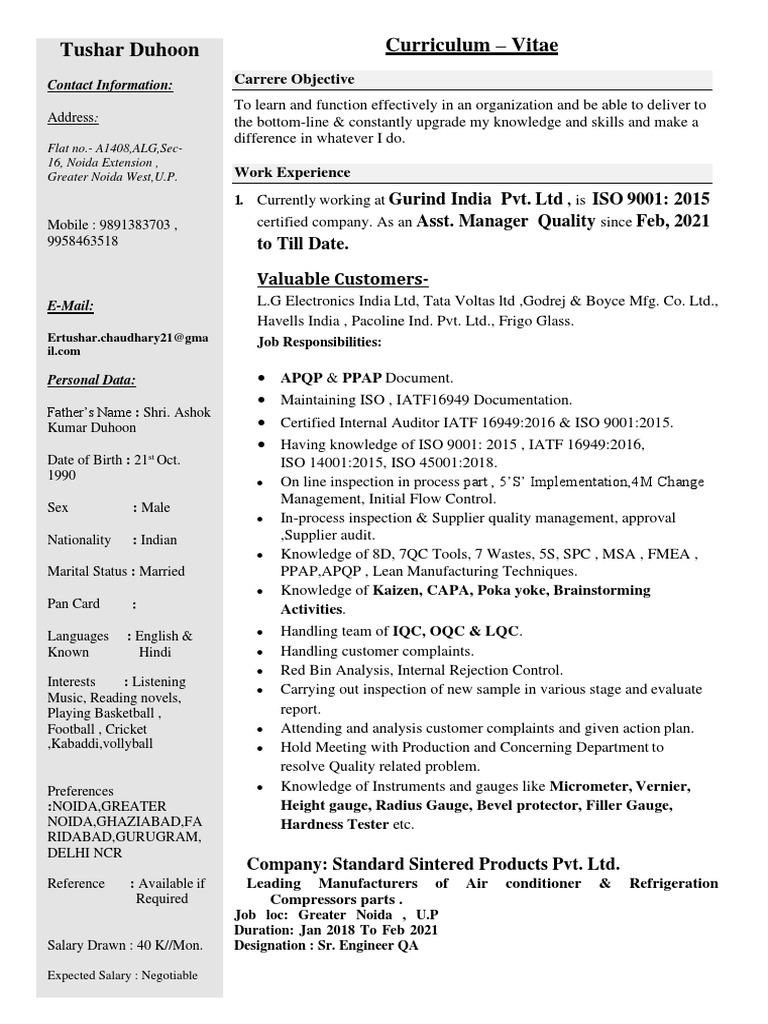 Resume - Tushar Quality21 | PDF | Iso 9000 | Business