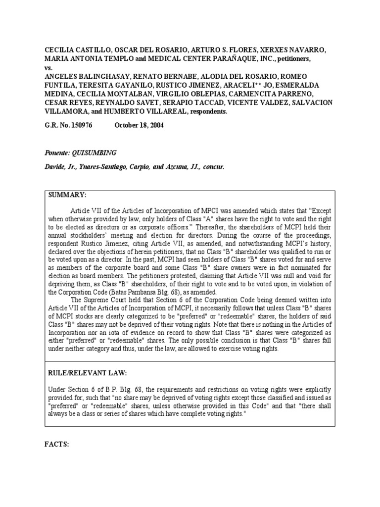 Castillo Vs Balinghasay | PDF | Articles Of Association | Corporations