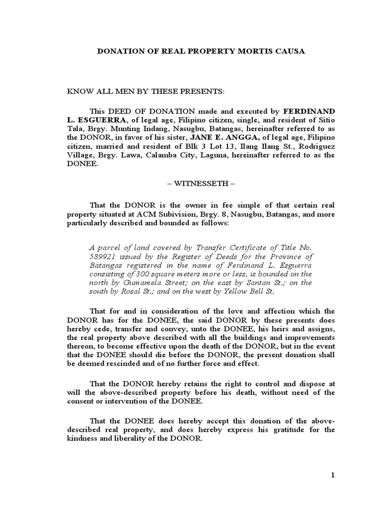 Form No. 20 - DONATION MORTIS CAUSA | PDF | Private Law | Natural Resources Law