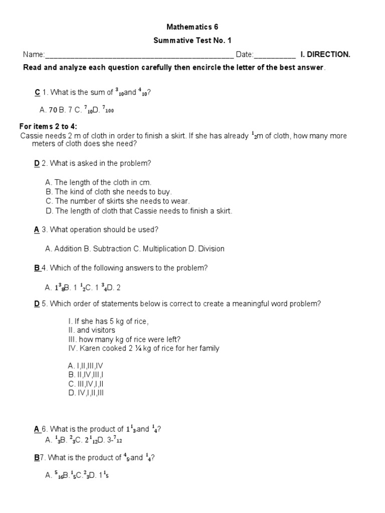 Mathematics 6 Summative Test Questions | PDF | Mathematical Notation ...