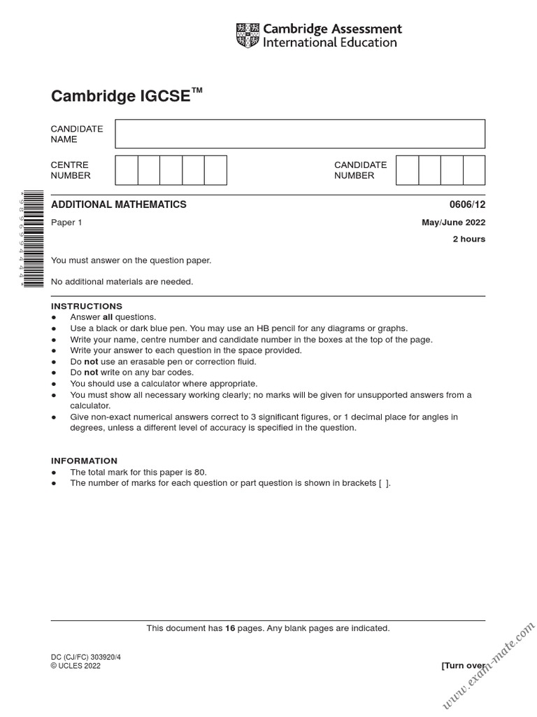 Cambridge IGCSE: Additional Mathematics 0606/12 | PDF | Velocity ...