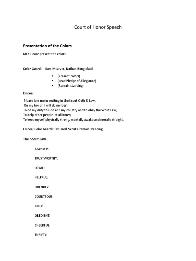 Court of Honor Welcome Speech | PDF