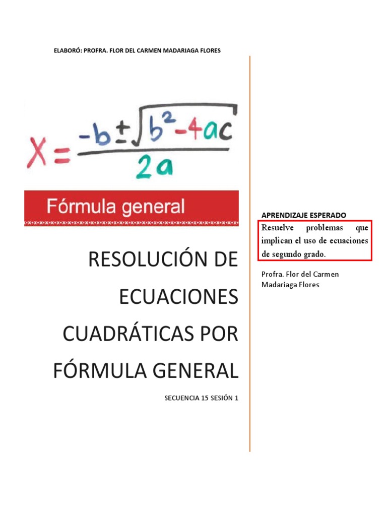 Plan de Clase Fórmula General | PDF | Ecuaciones | Ecuación cuadrática