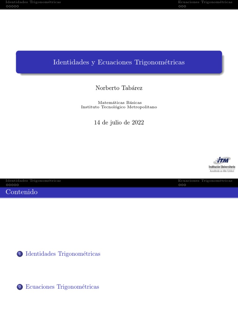 Presentacion - 26 y 27 Identidades y Ecuaciones Trigo | PDF | Funciones trigonométricas | Ecuaciones