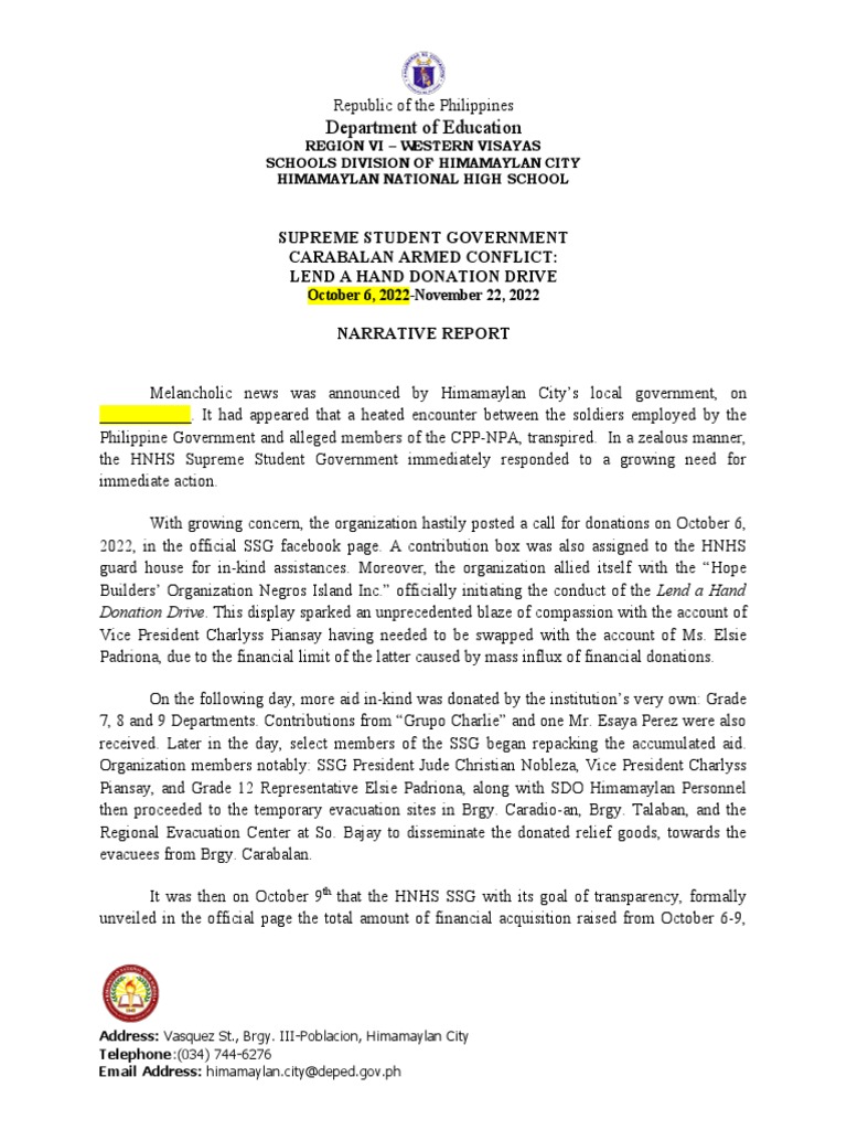 SSG - HNHS - Narrative-Report - Carabalan Armed Conflict | PDF | Social ...