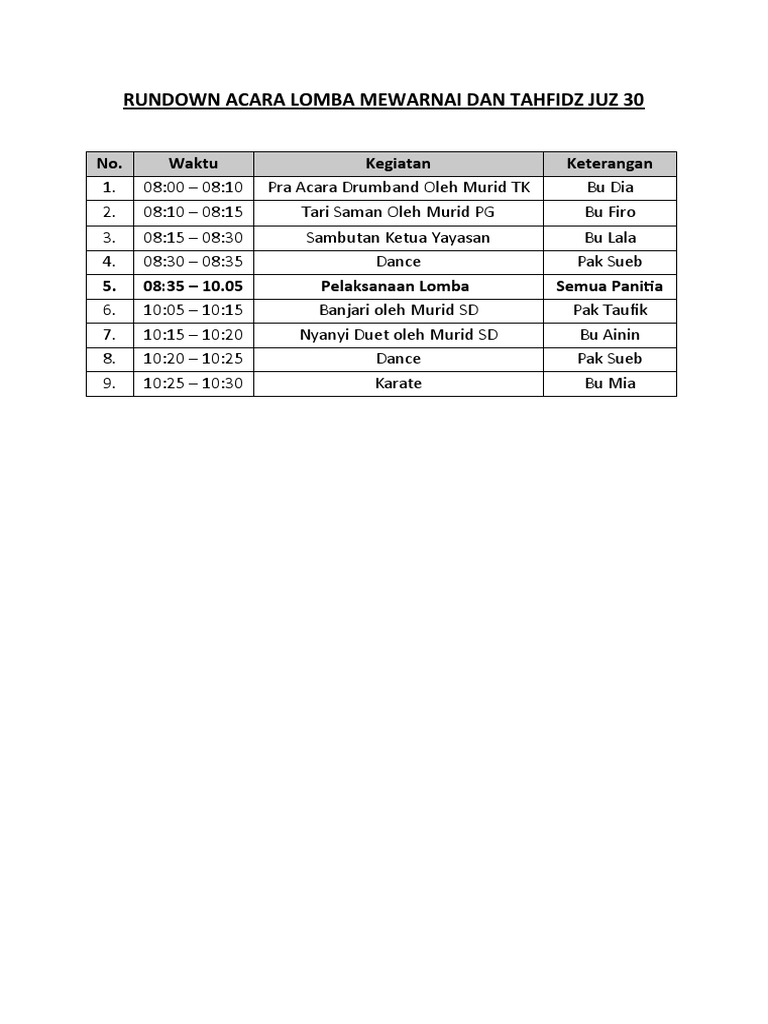 Rundown Acara Lomba Mewarnai Dan Tahfidz Juz 30 | PDF