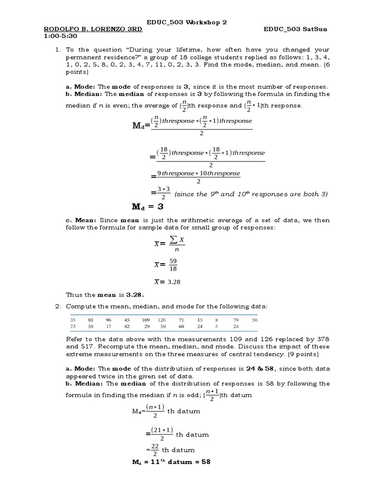 Rodolfo B. Lorenzo 3rd Workshop#2 | PDF | Mean | Median