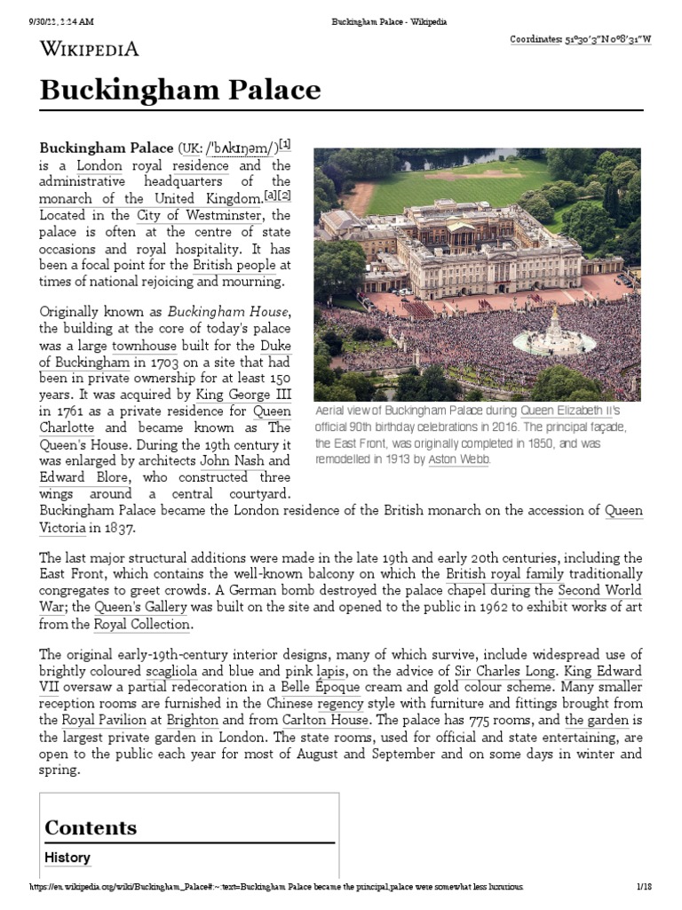 Buckingham Palace History | PDF | Monarchy | British Monarchy