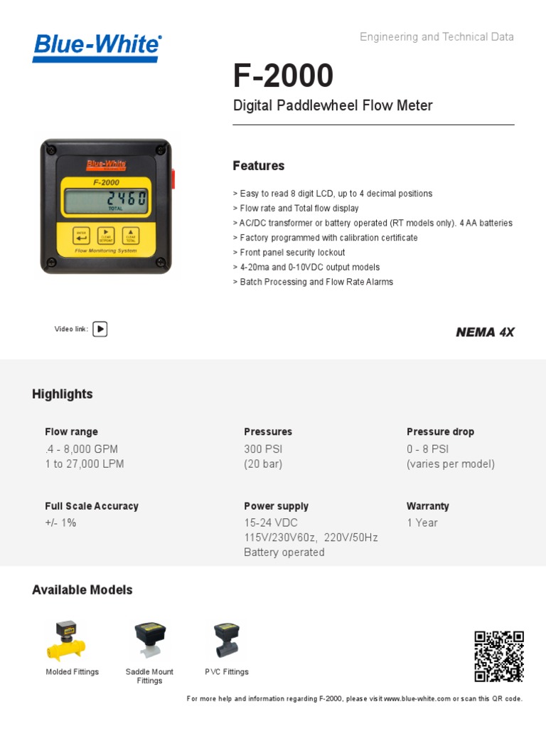 F2000 Flow Meter Tech Datasheet | PDF | Flow Measurement | Pipe (Fluid ...