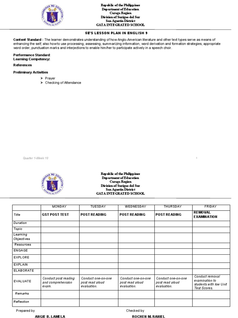 English9 - Lesson Plan - W10 | PDF | Lesson Plan | Reading Comprehension