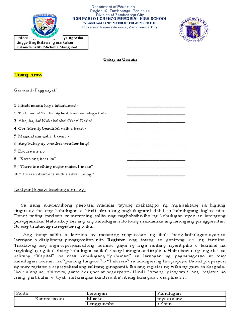 Lektyur W3 Gabay Na Gawain Sa Linggo 3 | PDF