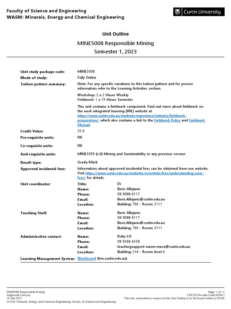 Mine5008 Responsible Mining Semester 1 2023 Kalgoorlie Campus Pdf Engineering Academic 