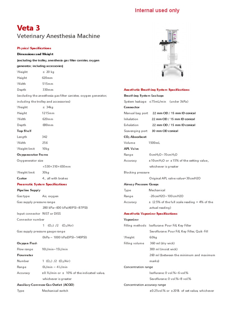 Veta 3 Veterinary Anesthesia Specs | PDF | Anesthesia | Breathing