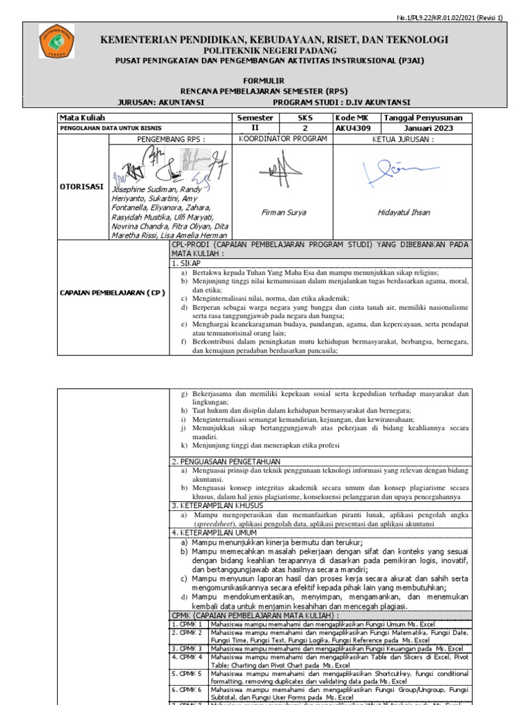 RPS Pengolahan Data Untuk Bisnis D4 Genap 2022 - 2023 | PDF