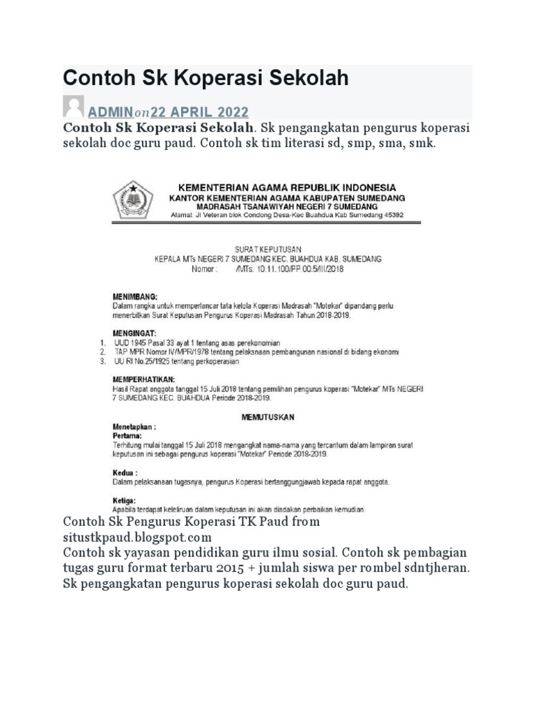 Contoh SK Koperasi Sekolah | PDF