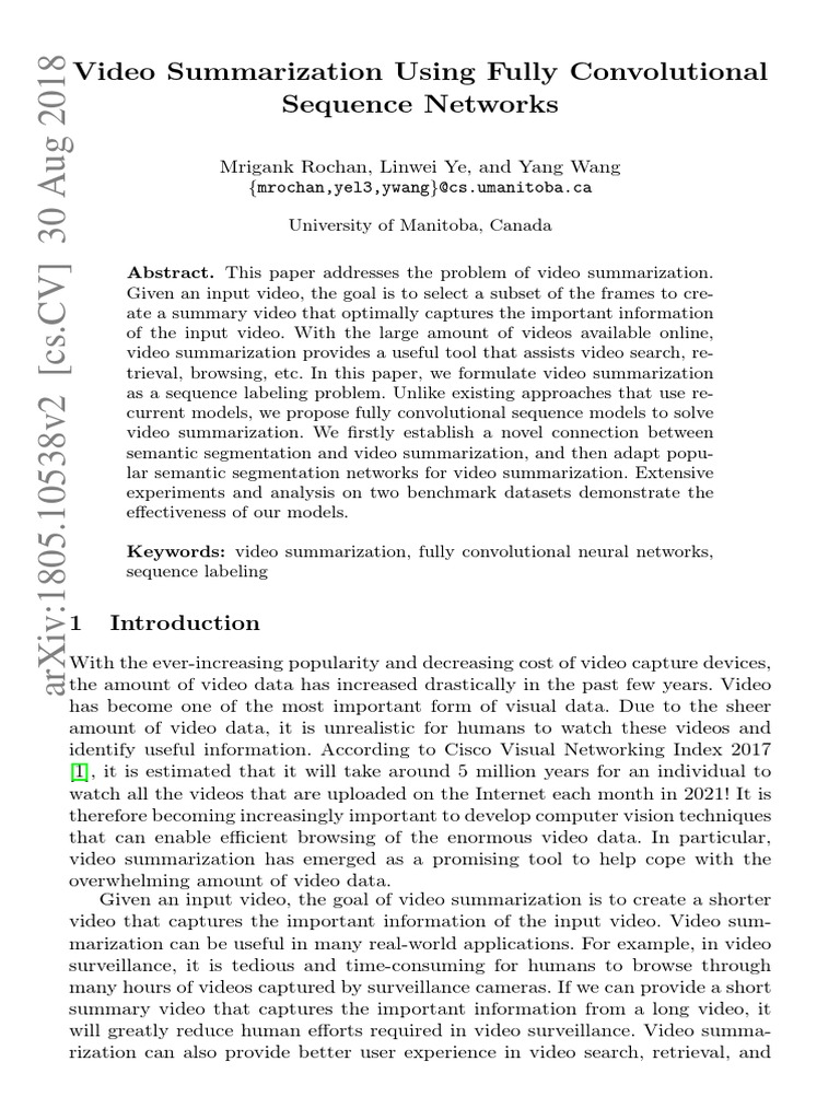 Video Summarization Using Fully Convolutional Sequence Networks | PDF | Image Segmentation | Video