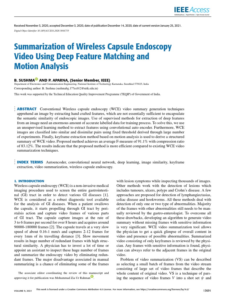 Summarization of Wireless Capsule Endoscopy Video Using Deep Feature Matching and Motion ...