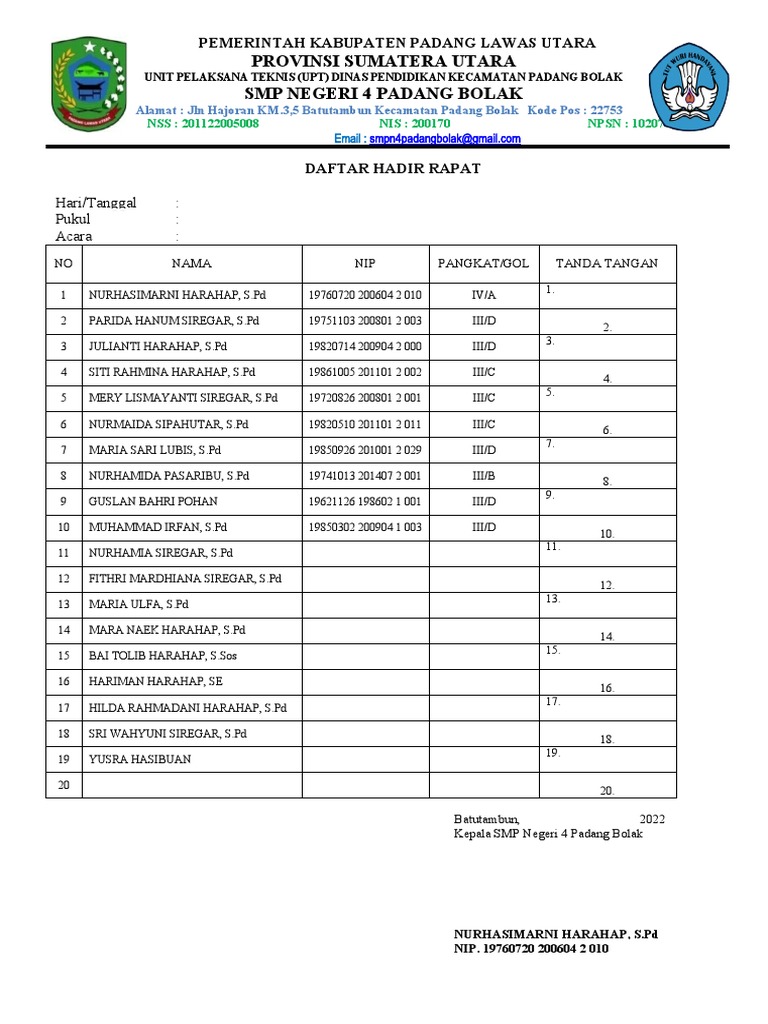 Absen Rapat SMPN 4 Pabol | PDF