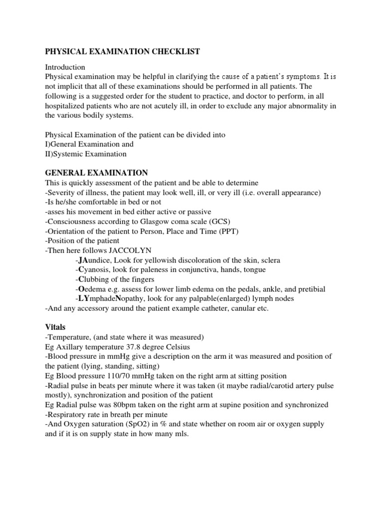 Physical Examination Checklist | PDF | Anatomy | Physiology