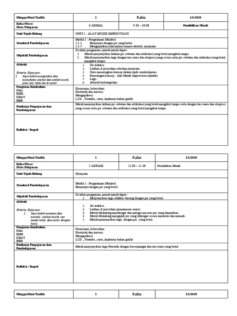 CONTOH Penulisan RPH Muzik | PDF