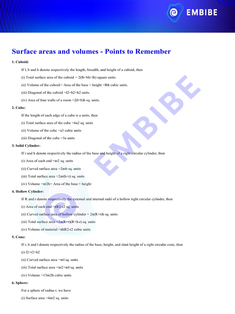 Class 10 Surface Area and Volume Formulas | PDF | Area | Volume