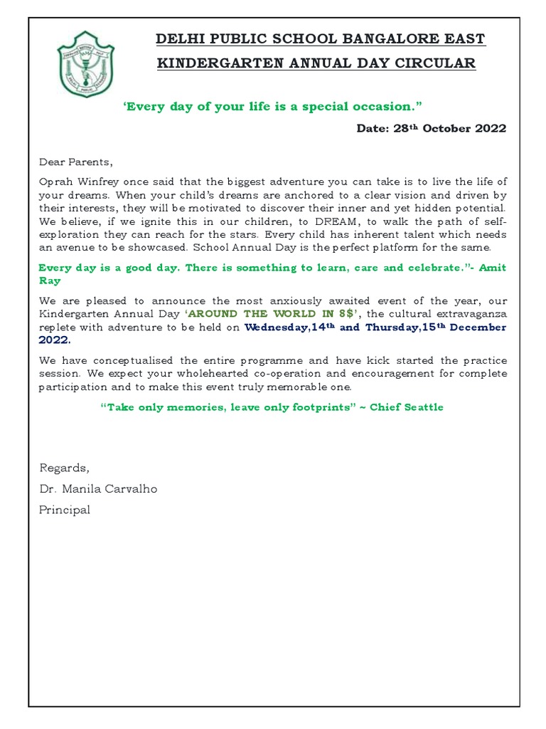 Annual Day Circular - Kindergarten | PDF