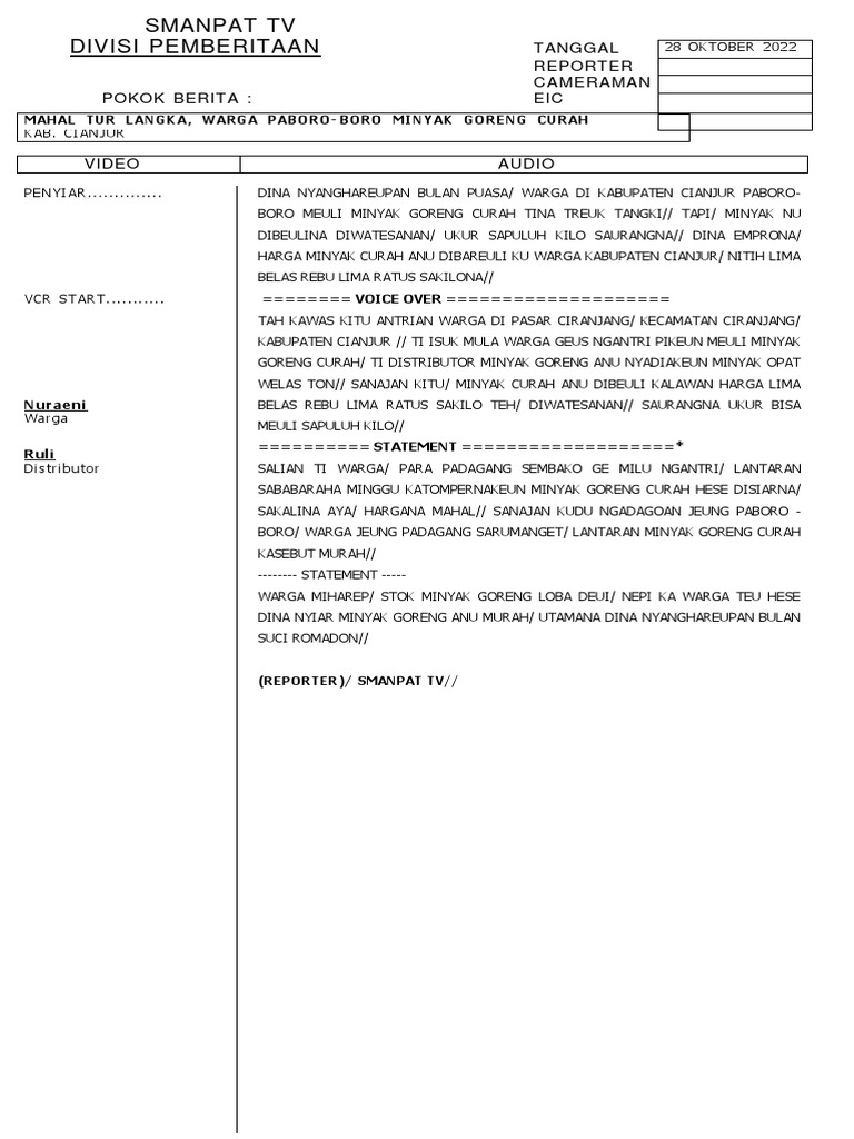 Warta 3 Mahal Tur Langka, Warga Paboro-Boro Minyak Goreng Curah | PDF