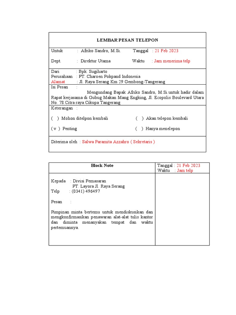 Lembar Pesan Telepon | PDF