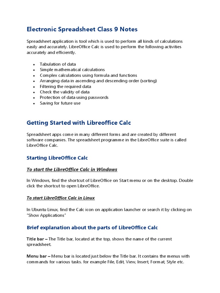 Class 9 Electronic Spreadsheet Notes | Download Free PDF | Spreadsheet ...